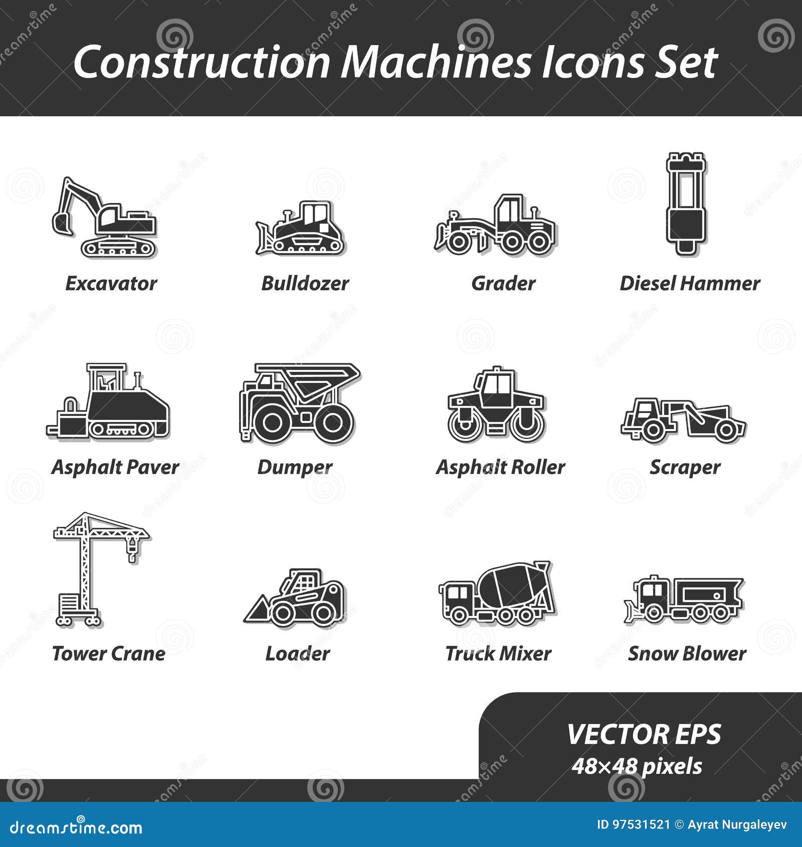 Construction Machines Set of Flat Icons Stock Vector - Illustration of ...