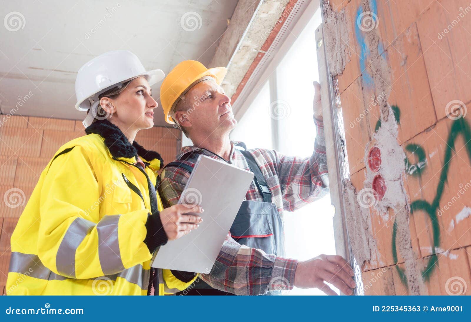 Construction Male Worker and Engineer Checking Window Panel Stock Image ...