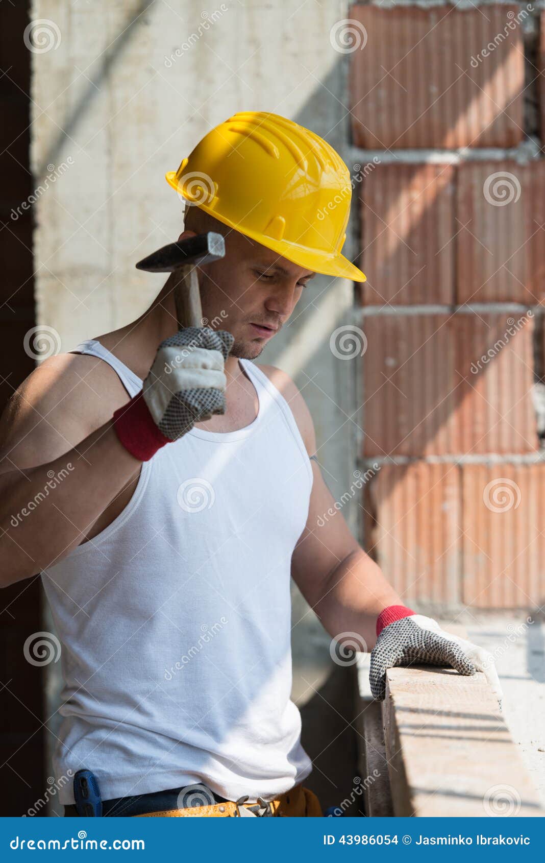 Construction Man Hitting Wood with Hammer Stock Photo - Image of ...