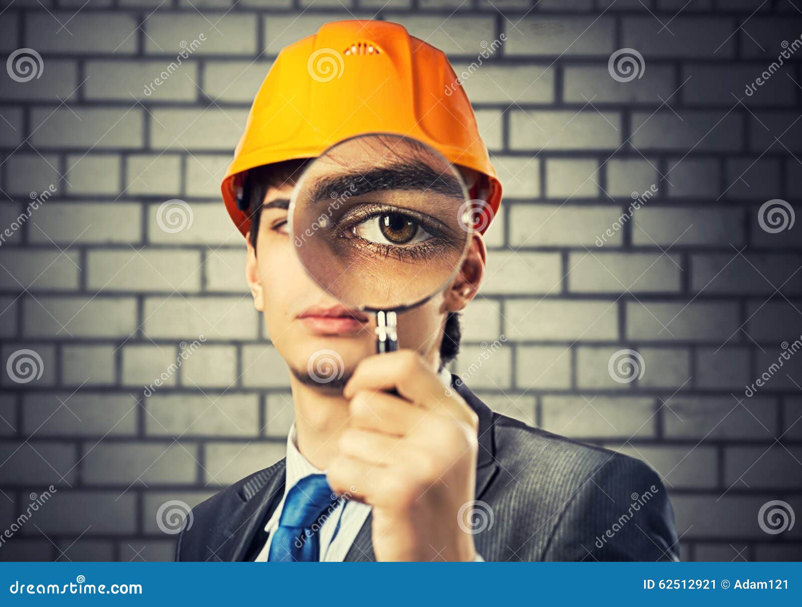 Construction Man with Magnifier Stock Image - Image of optical ...