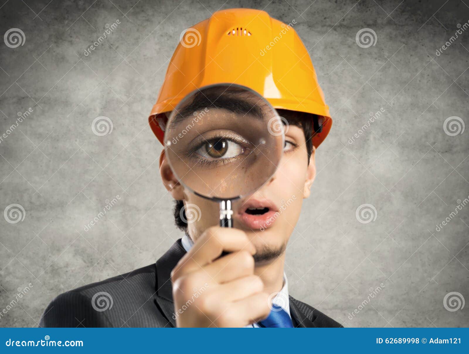 Construction Man with Magnifier Stock Photo - Image of lens, object ...