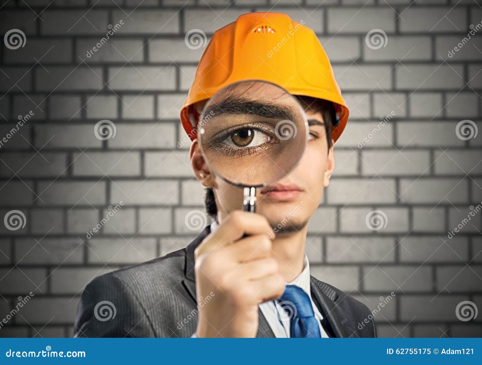 Construction Man with Magnifier Stock Image - Image of handsome ...