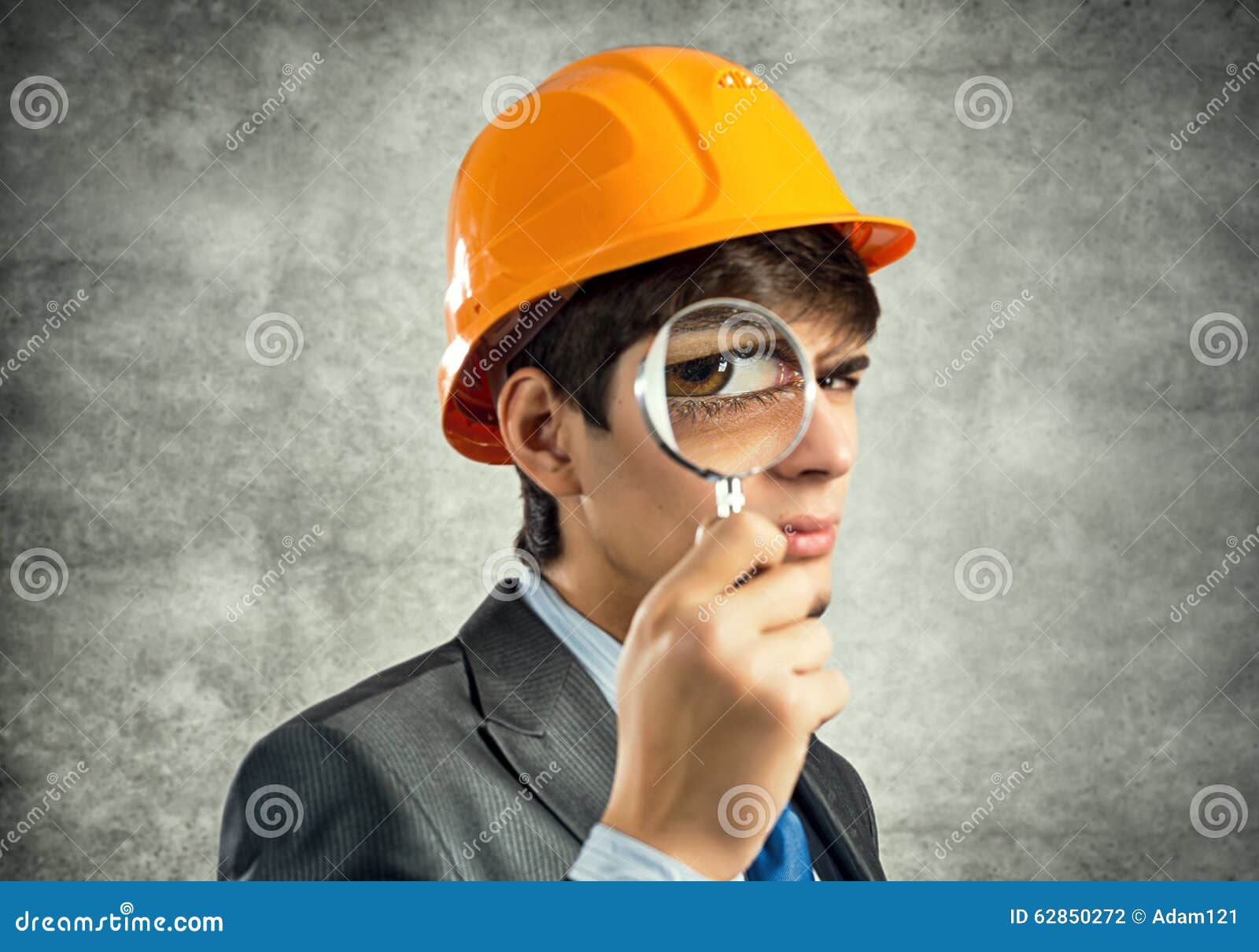 Construction Man with Magnifier Stock Photo - Image of magnification ...