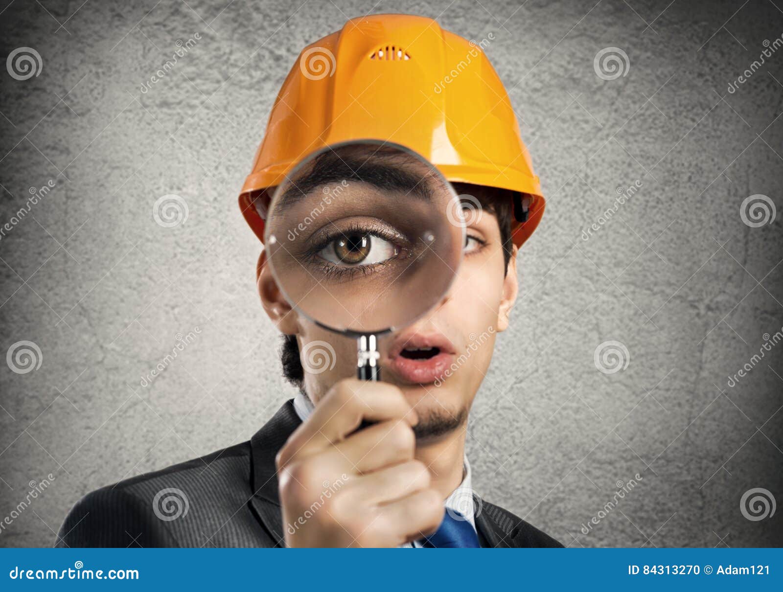 Construction Man with Magnifier Stock Photo - Image of holding ...