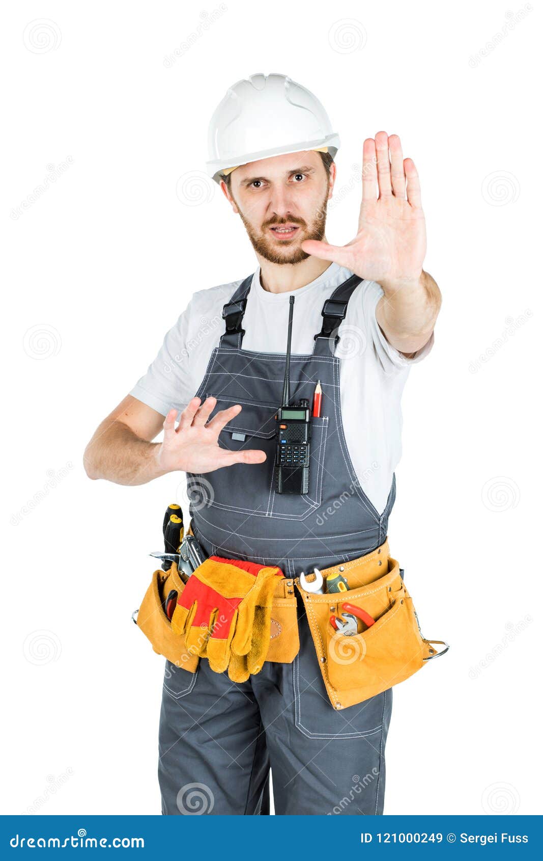 A Construction Man Shows a Stop Sign. Isolated on White Background ...