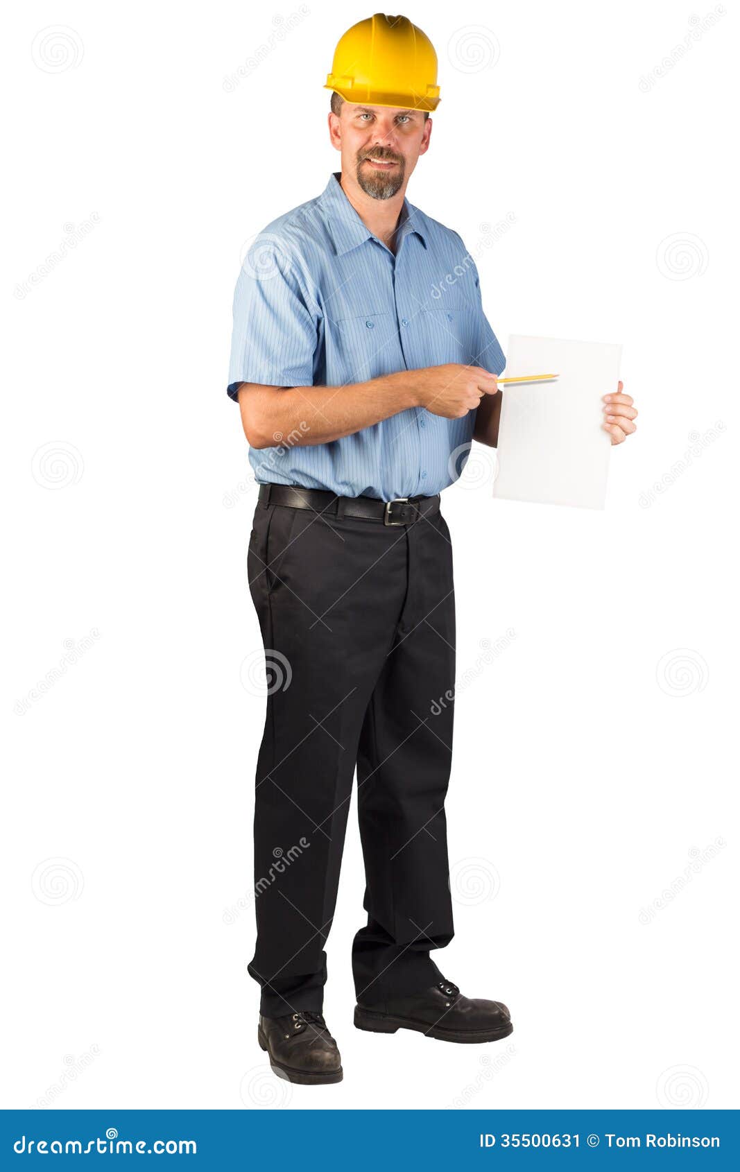 Construction Man Standing and Holing a Blank Document Pointing W Stock ...