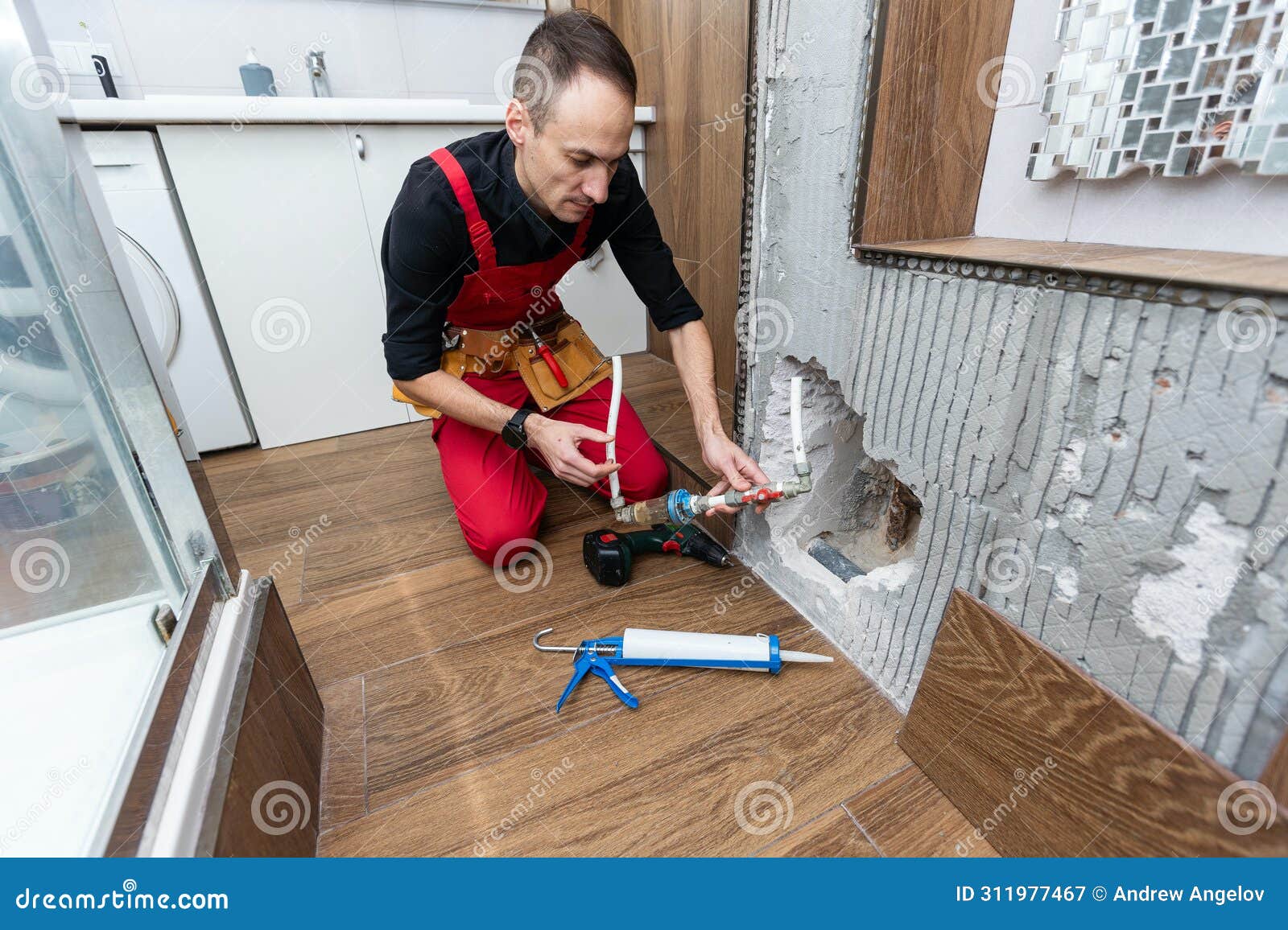 Construction Man Using Hammer and Tool while Demolish Wall Stock Image ...