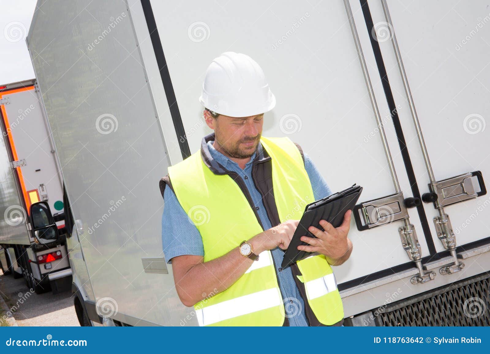 Construction Man Worker Operating Touch Pad Device Tablet Stock Photo ...