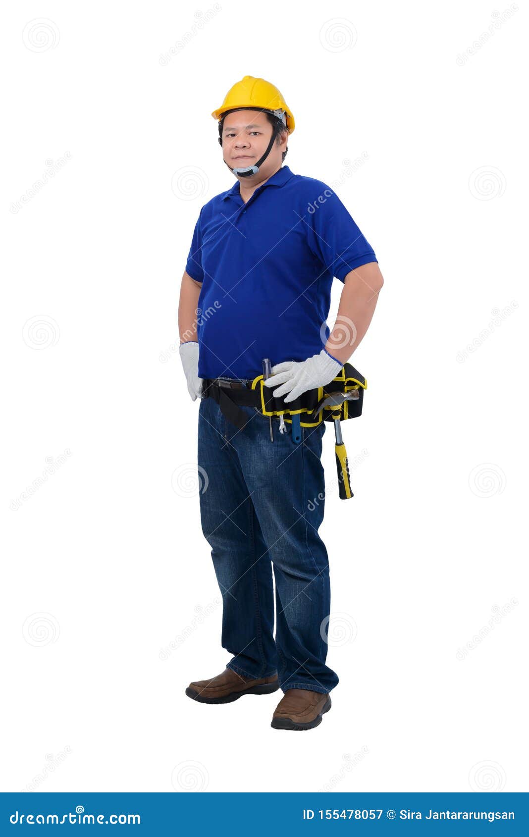 Construction Man Workers in Blue Shirt with Protective Gloves, Helmet ...