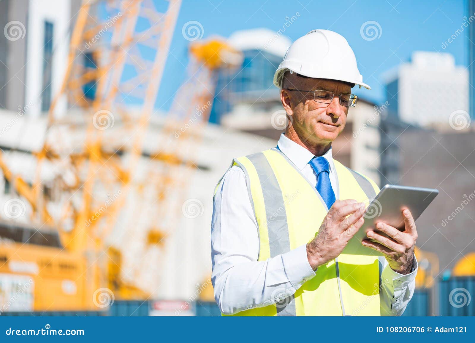 Construction Manager Controlling Building Site and Tablet Device in His ...