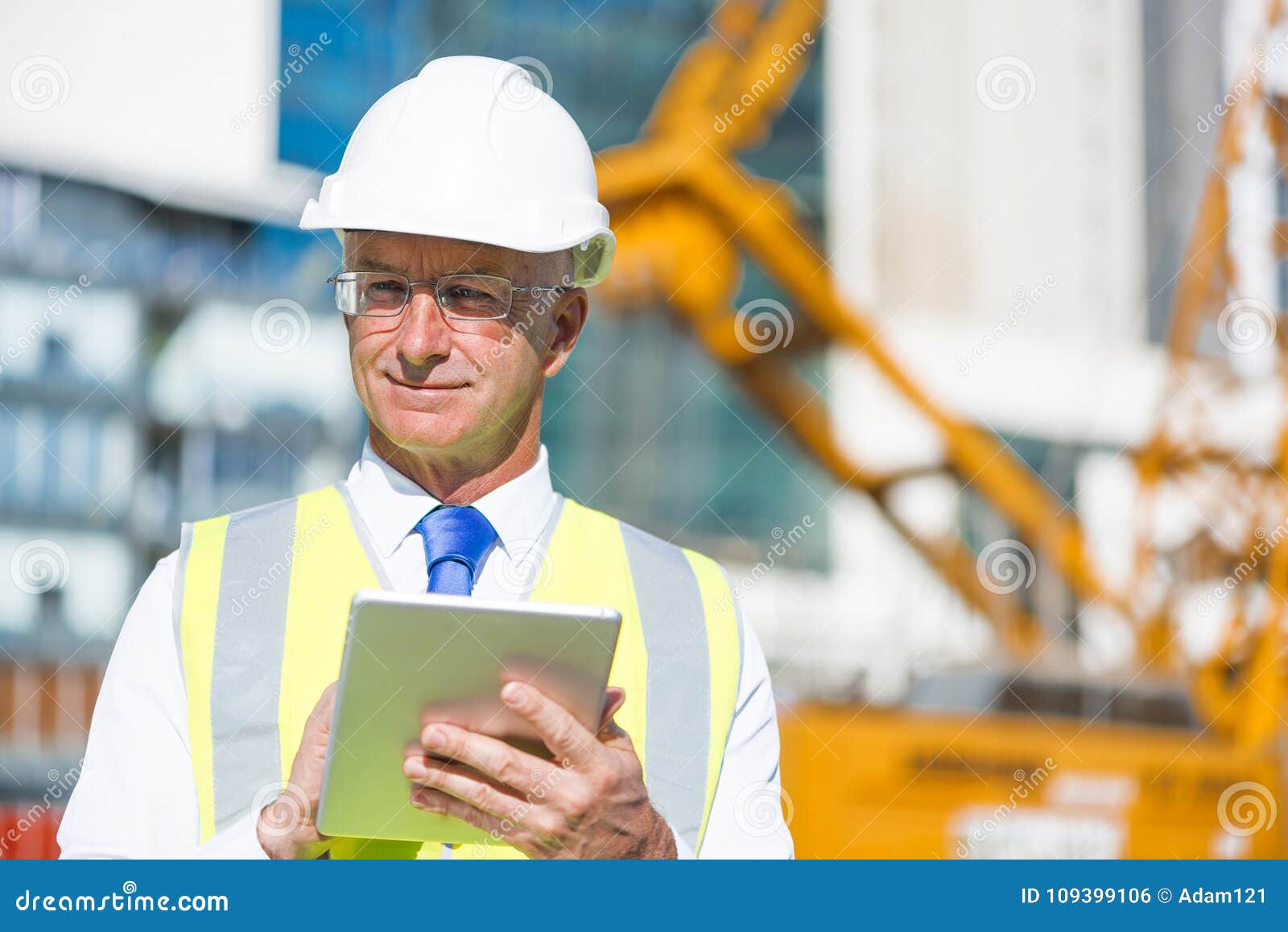 Construction Manager Controlling Building Site and Tablet Device in His ...