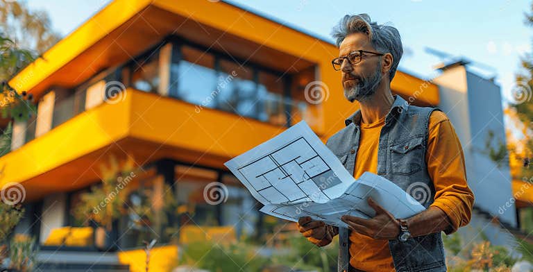 Construction Manager Holding Blueprints in Front of Modern Home ...