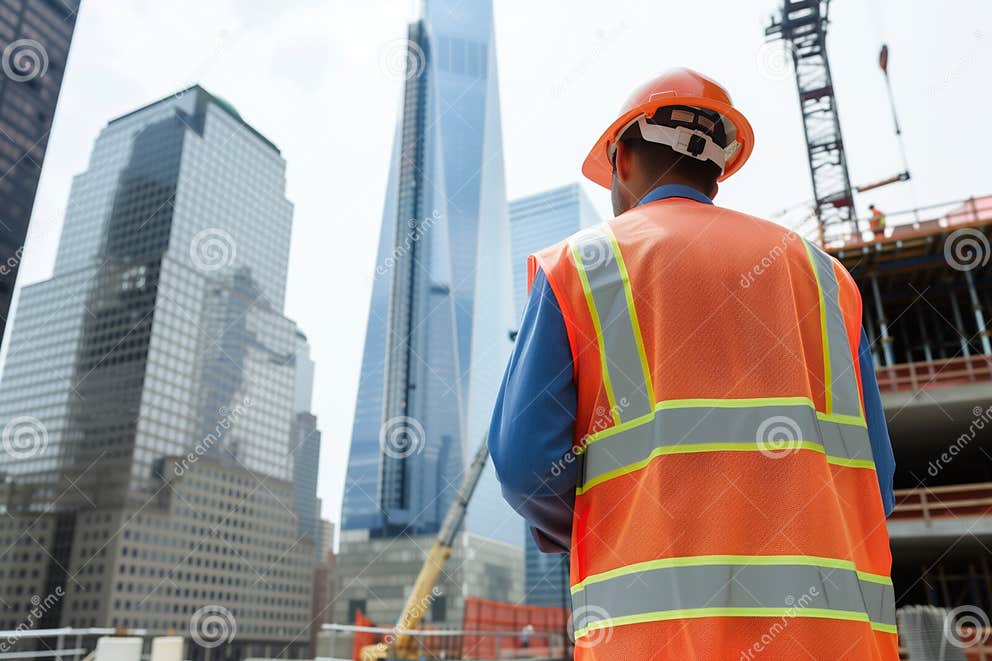 Construction Manager Overlooking Project with Skyscraper in Background ...