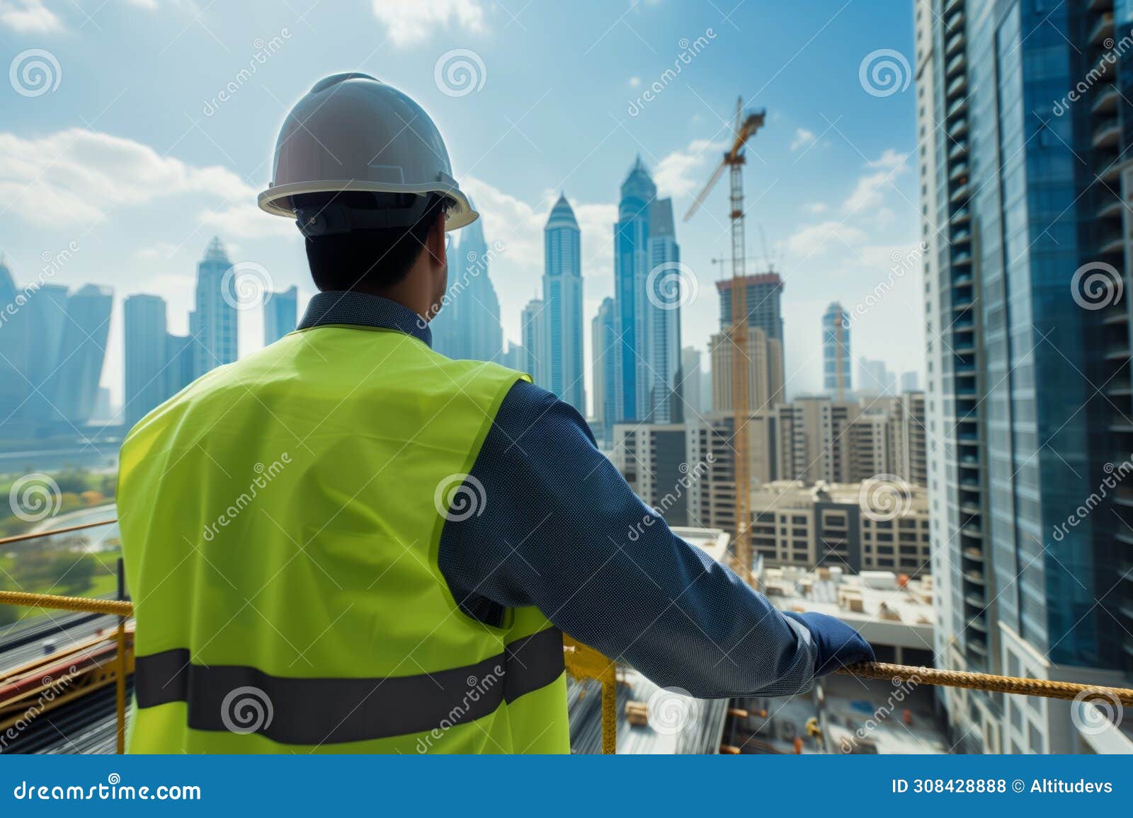 Construction Manager Overlooking Project with Skyscraper in Background ...