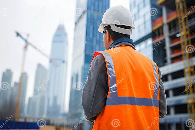 Construction Manager Overlooking Project with Skyscraper in Background ...