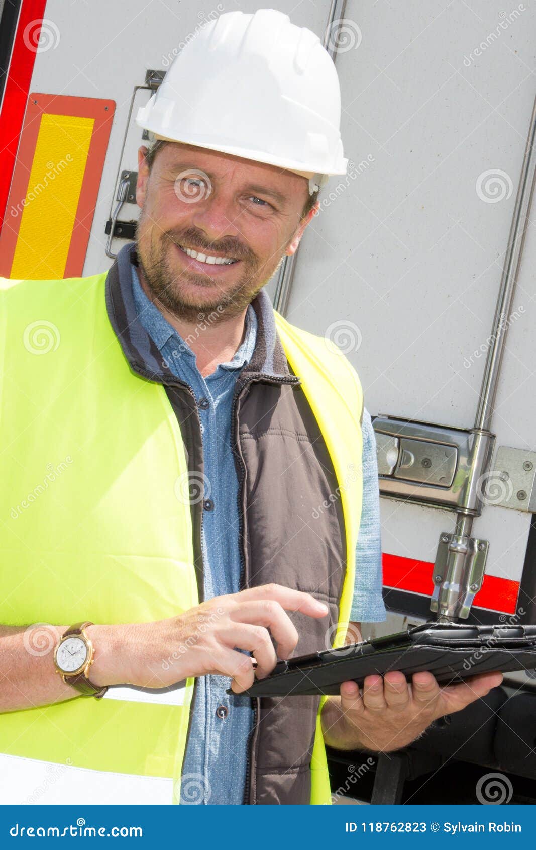 Construction Manager Using Electronic Tablet on Site Stock Image ...