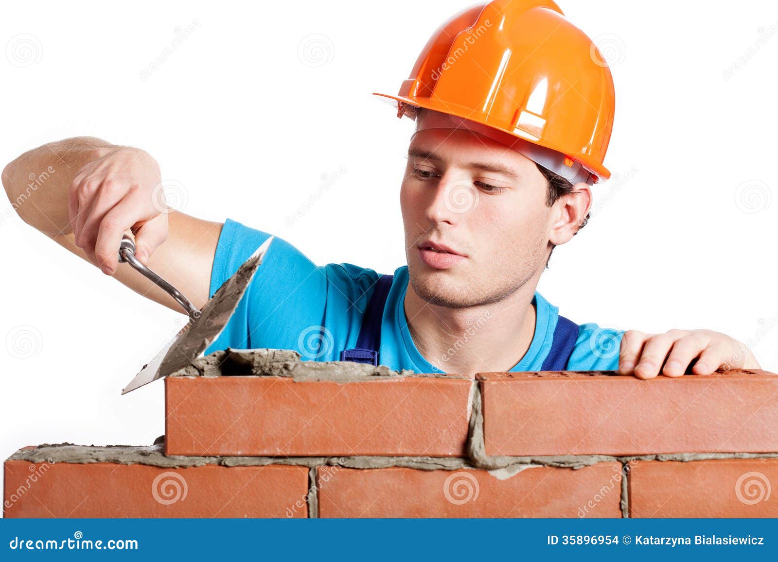 Construction Mason Installing Red Brick Stock Photo - Image of handsome ...