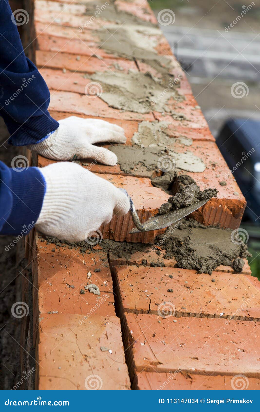 Construction Mason Worker Bricklayer Installing Brick Stock Photo ...