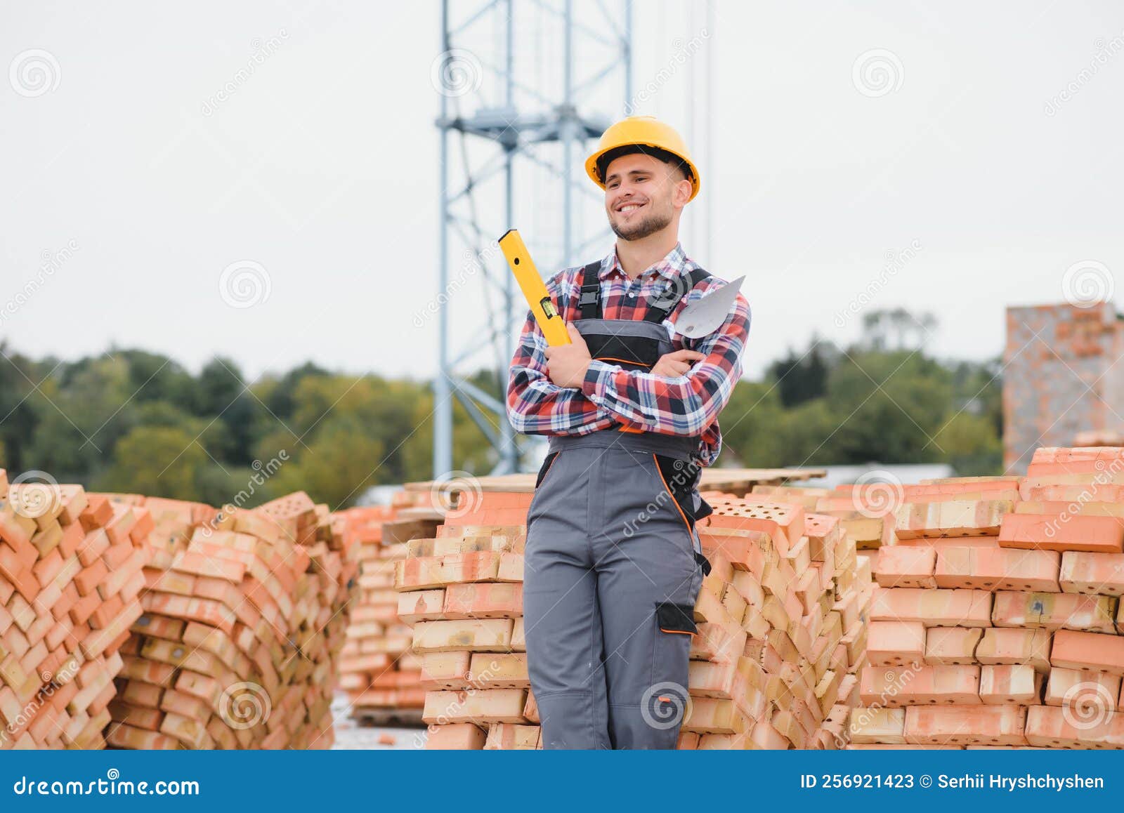 Construction Mason Worker Bricklayer Installing Red Brick with Trowel ...