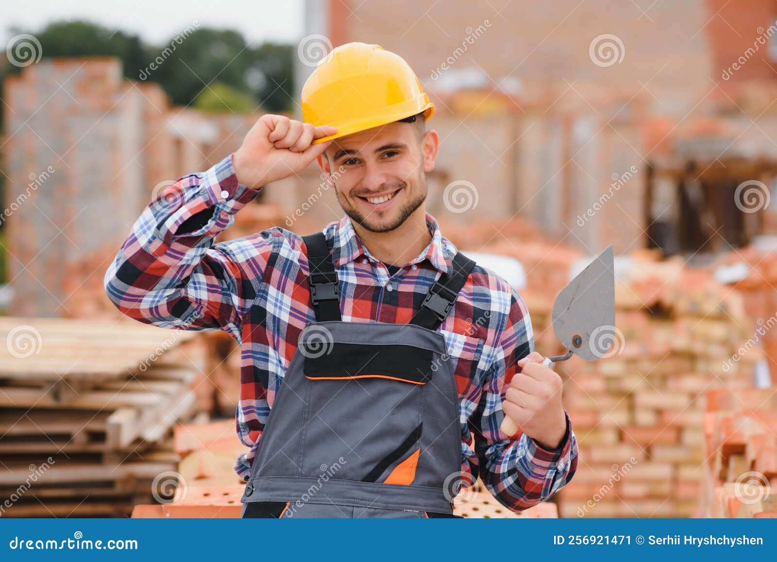 Construction Mason Worker Bricklayer Installing Red Brick with Trowel ...