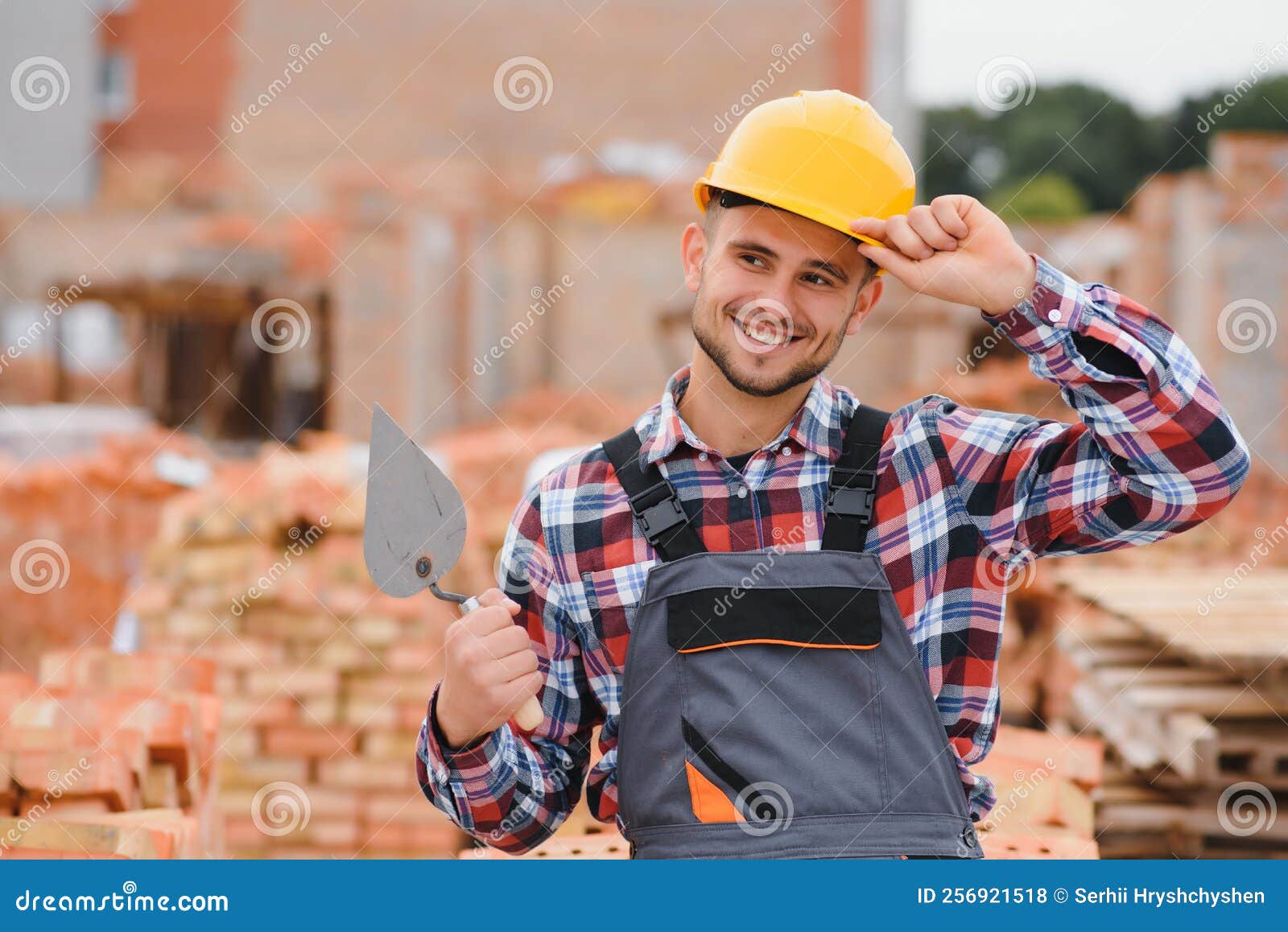 Construction Mason Worker Bricklayer Installing Red Brick with Trowel ...