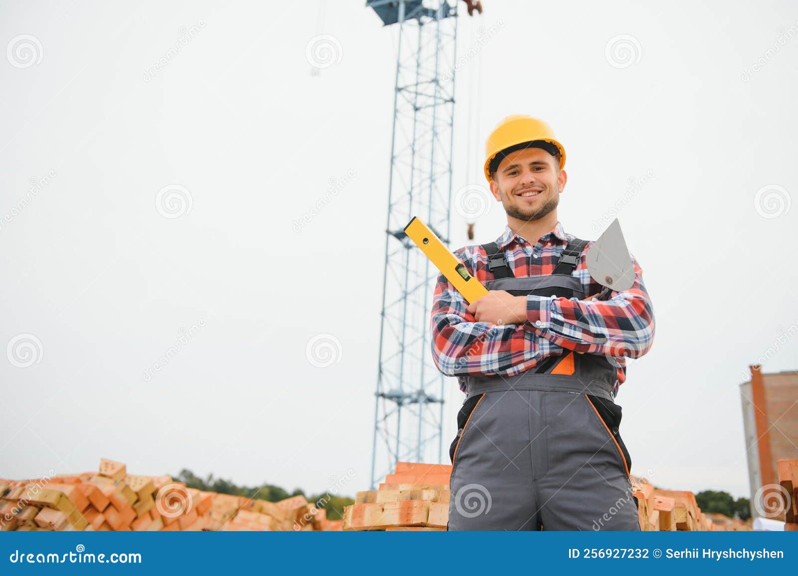 Construction Mason Worker Bricklayer Installing Red Brick with Trowel ...