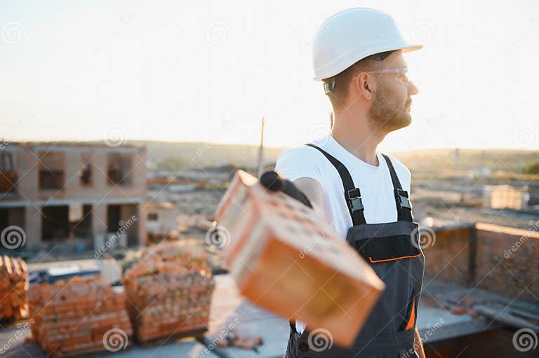Construction Mason Worker Bricklayer Installing Red Brick with Trowel ...