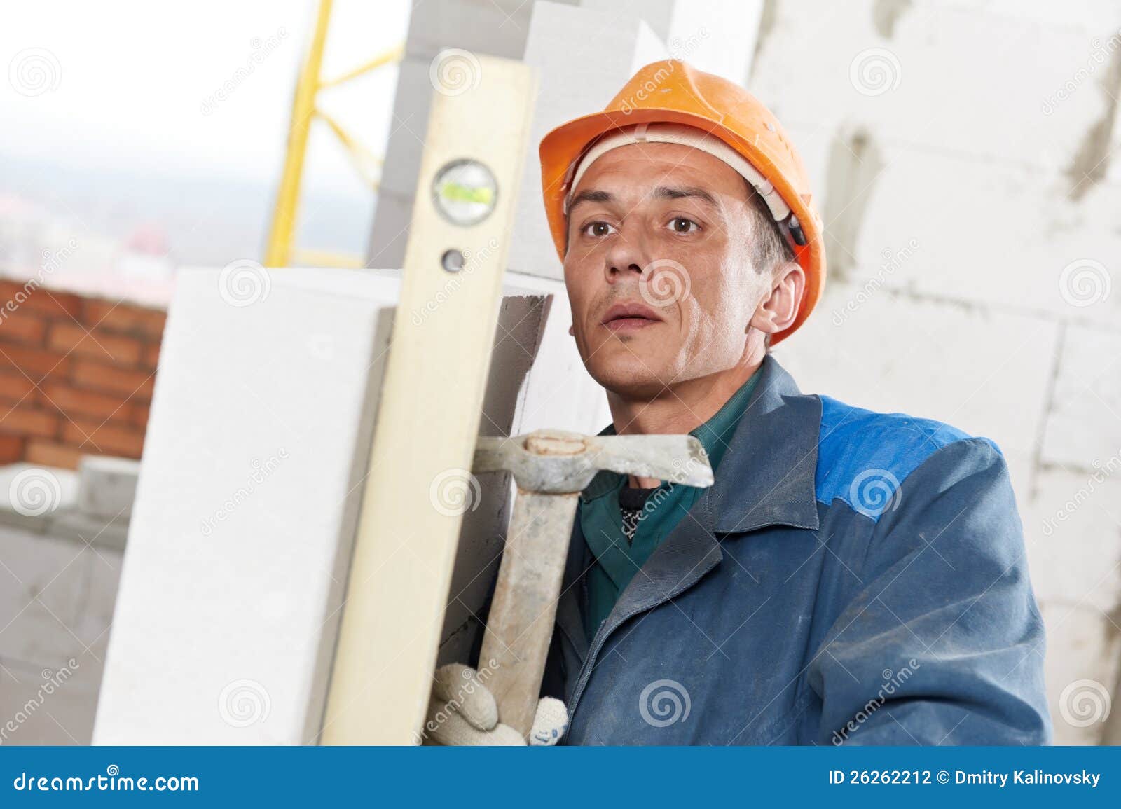 Construction Mason Worker Bricklayer with Level Stock Photo - Image of ...