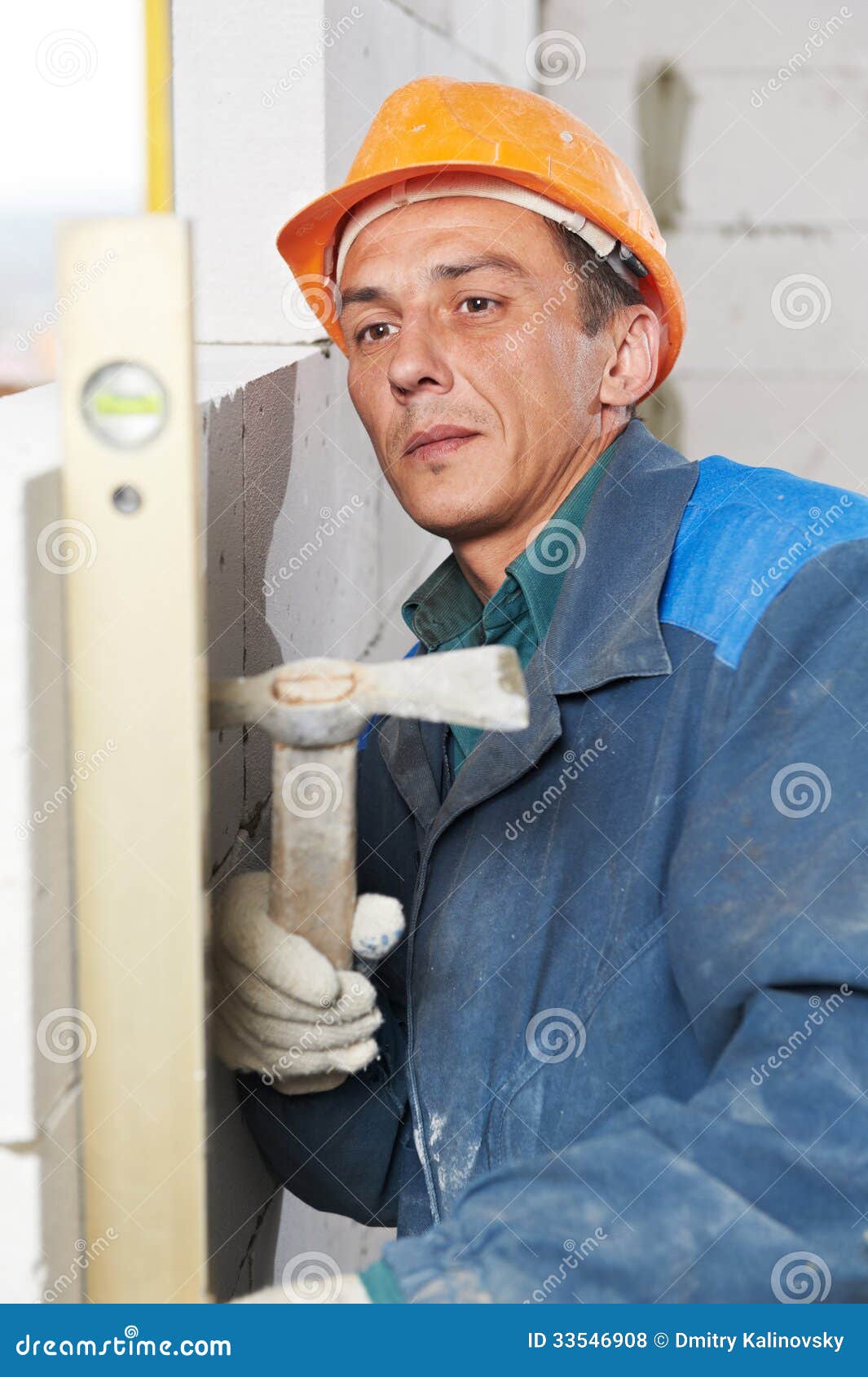Construction Mason Worker Bricklayer with Level Stock Photo - Image of ...