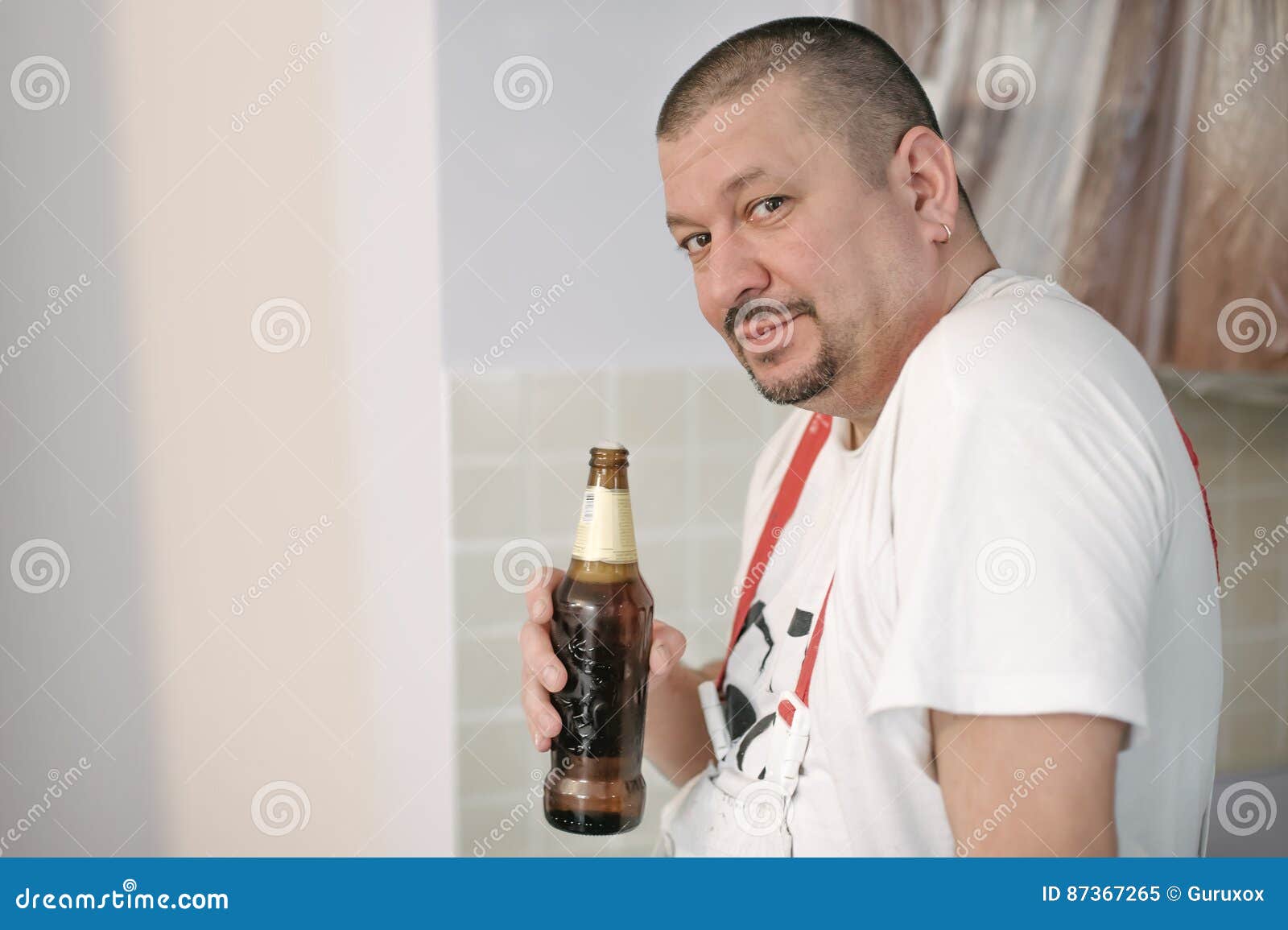 Construction Mason Worker Drinking Beer during Work Break Stock Image ...