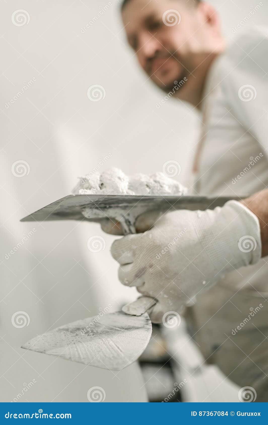 Construction Mason Worker with Spatula and Mortar Stock Photo - Image ...