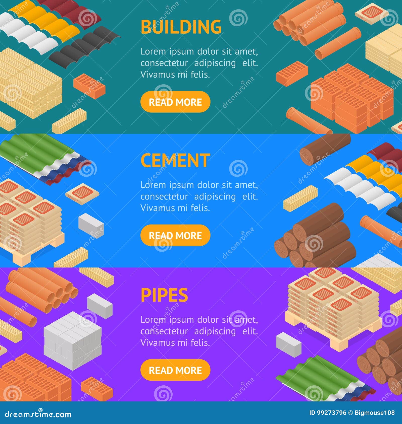 Construction Material Banner Horizontal Set Isometric View. Vector ...