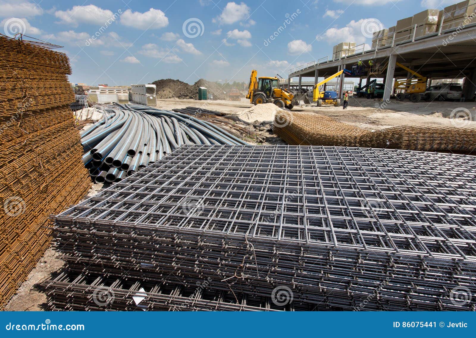 Construction Material at Building Site Stock Image - Image of blue ...