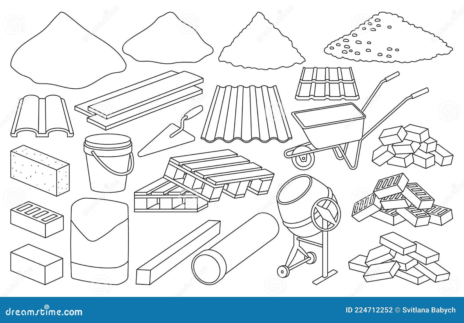 Construction Material Isolated Outline Set Icon. Outline Vector Set ...