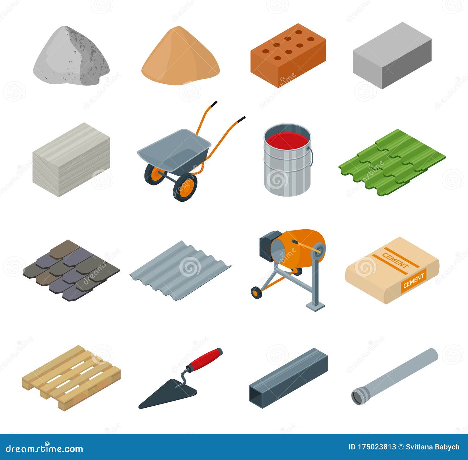 Construction Material Isometric Set Icon. Vector Illustration Building ...