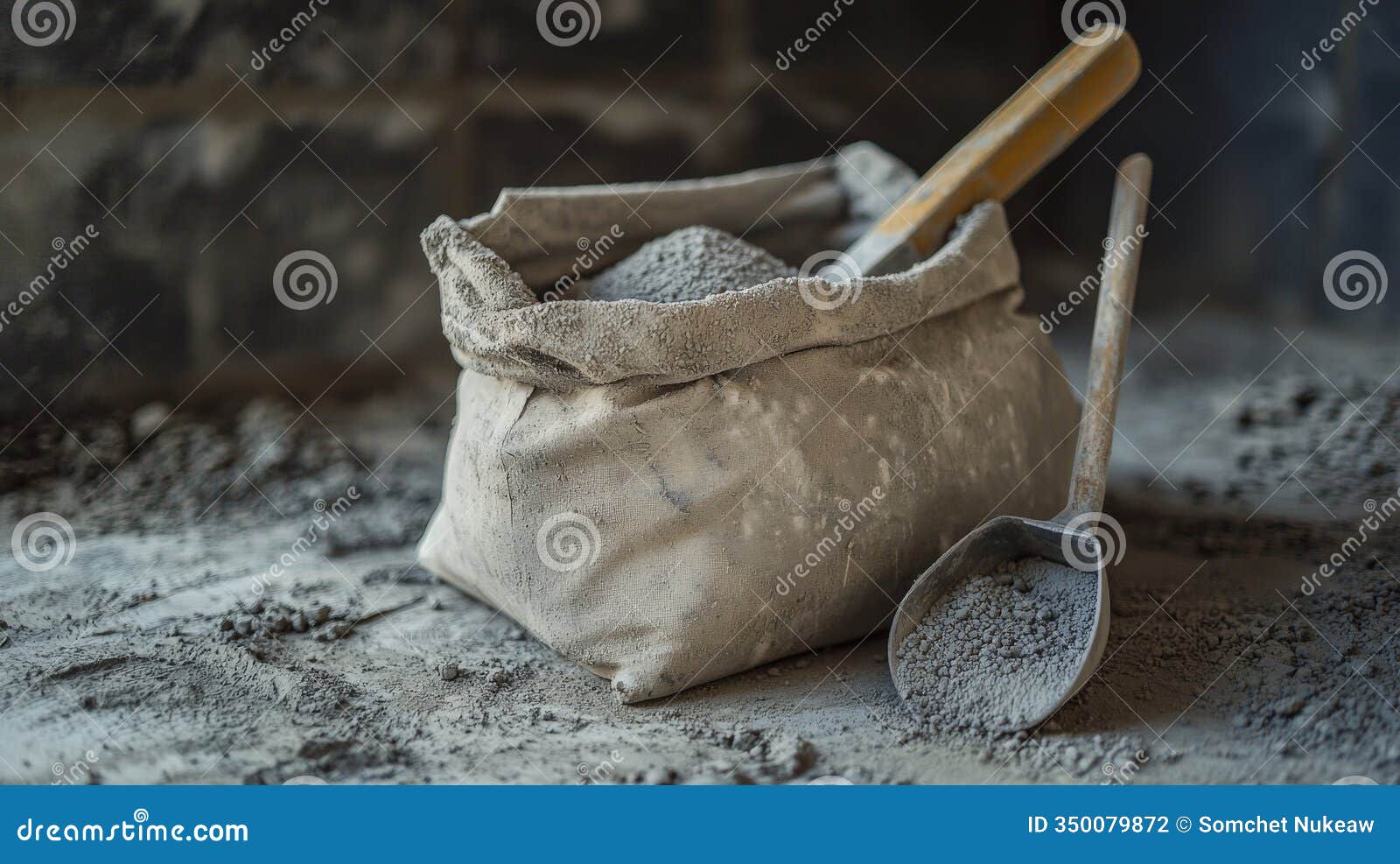 Construction Materials Actioncement Bag and Scoop on Rough Concrete ...