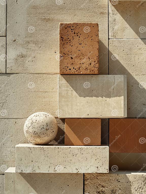 Construction Materials Arranged in a Creative Display Featuring Bricks, Concrete Blocks, and a ...