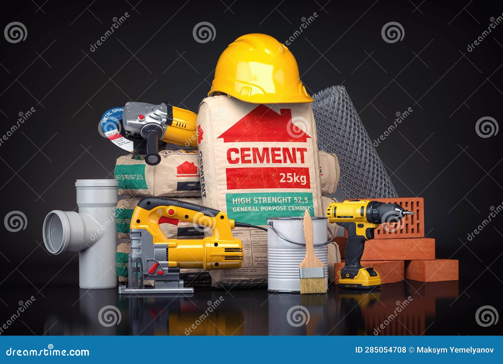 Construction Materials and Tools on Black Background Stock Illustration ...