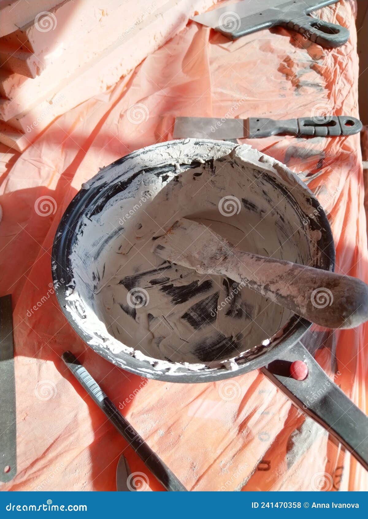 Construction Mess, Trowel in Dried Plaster in a Bucket, Workflow ...