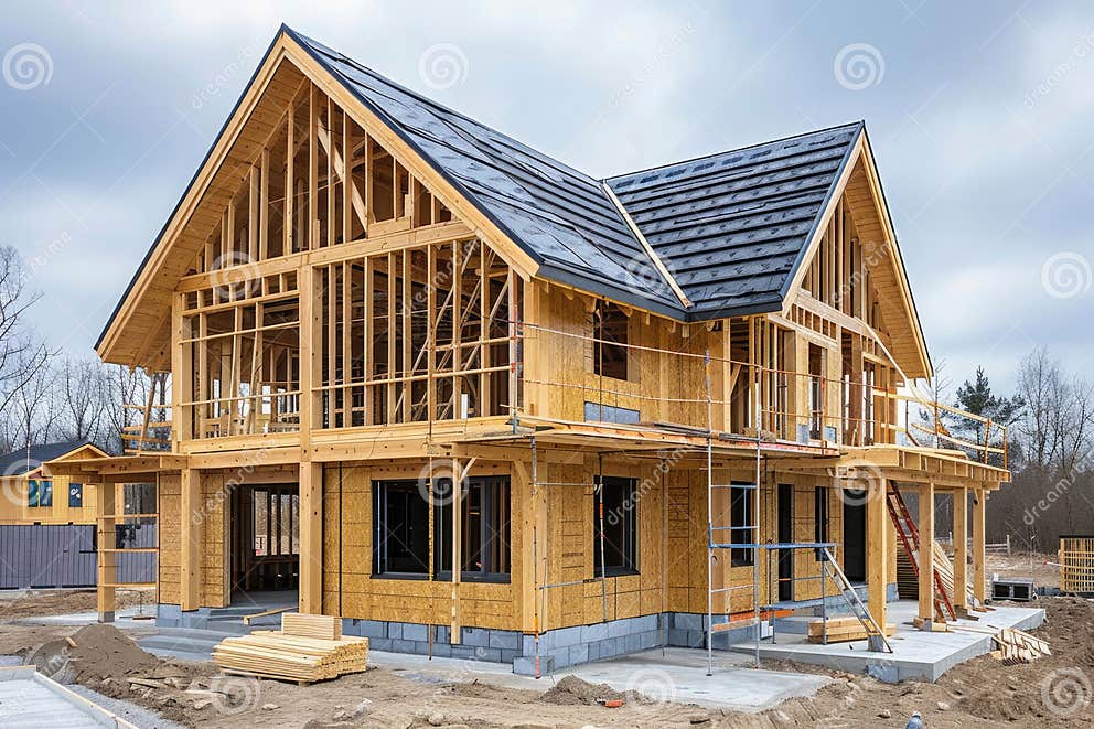 Construction of a Modern Wooden Frame House Stock Image - Image of ...