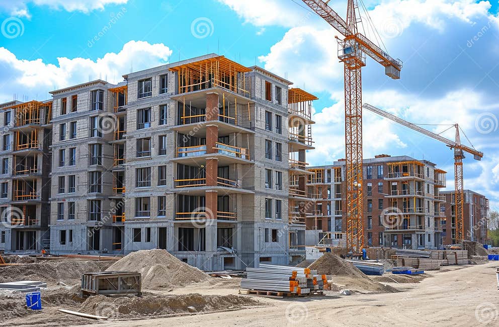 Construction of New Apartment Buildings Stock Photo - Image of cement ...