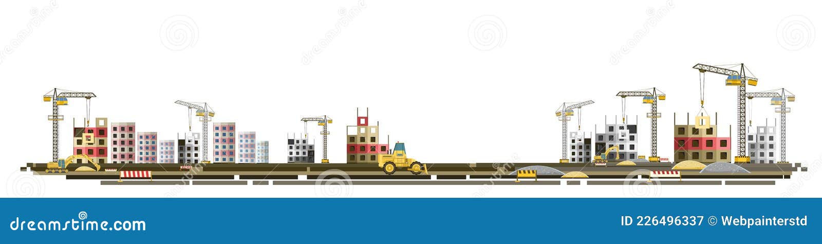 Construction of New Microdistrict of City. Cranes and Tractors. Modern ...