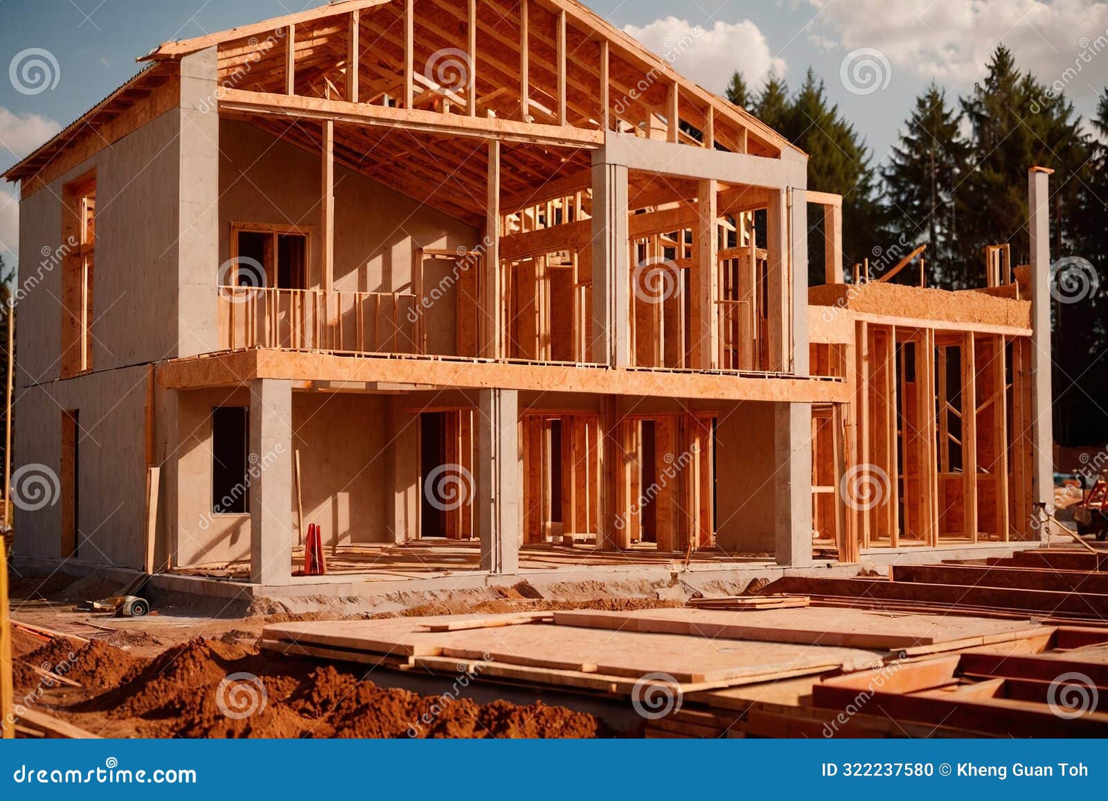 Construction of New Residential House, Building Framework Work Site ...