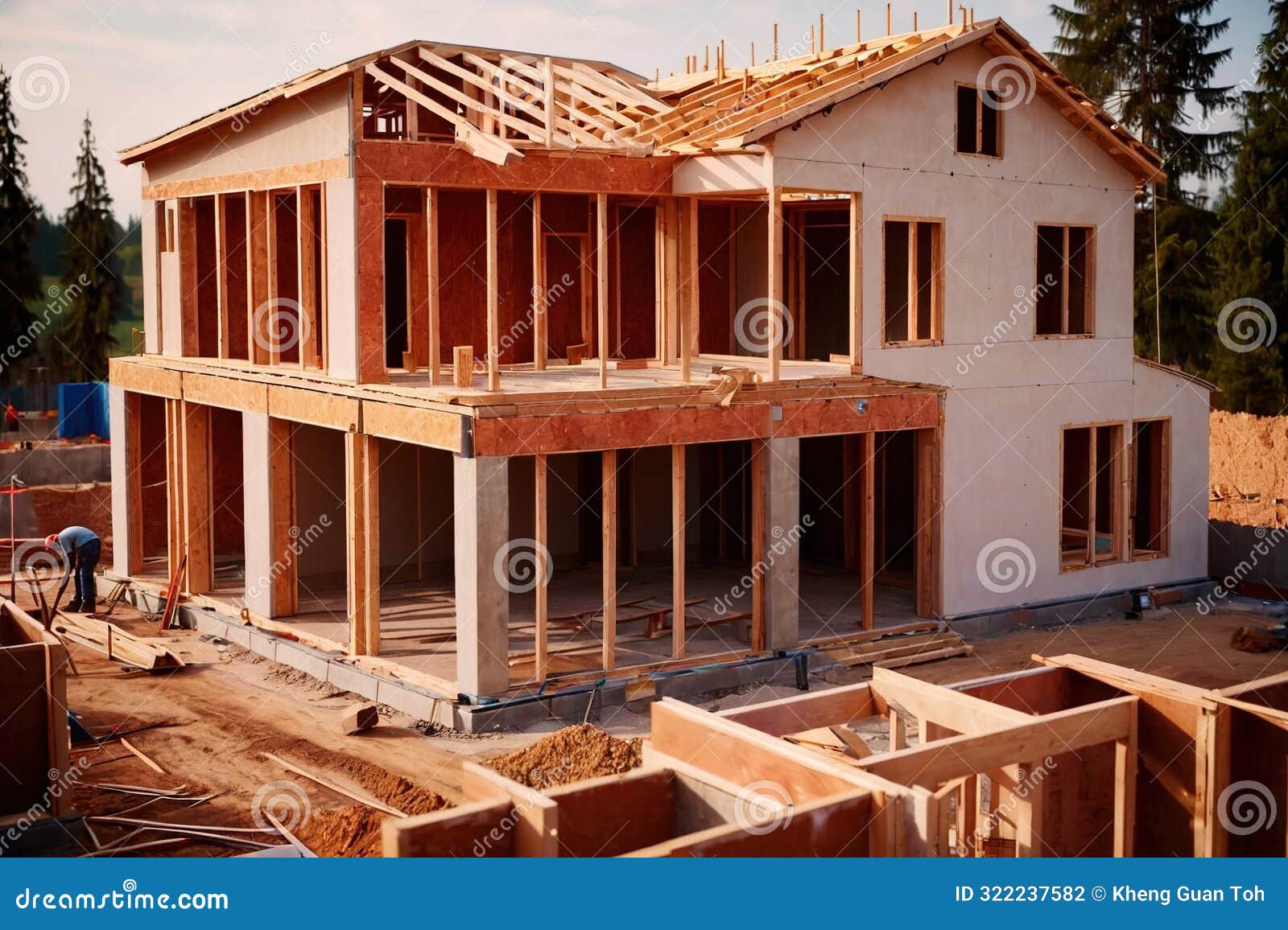 Construction of New Residential House, Building Framework Work Site ...