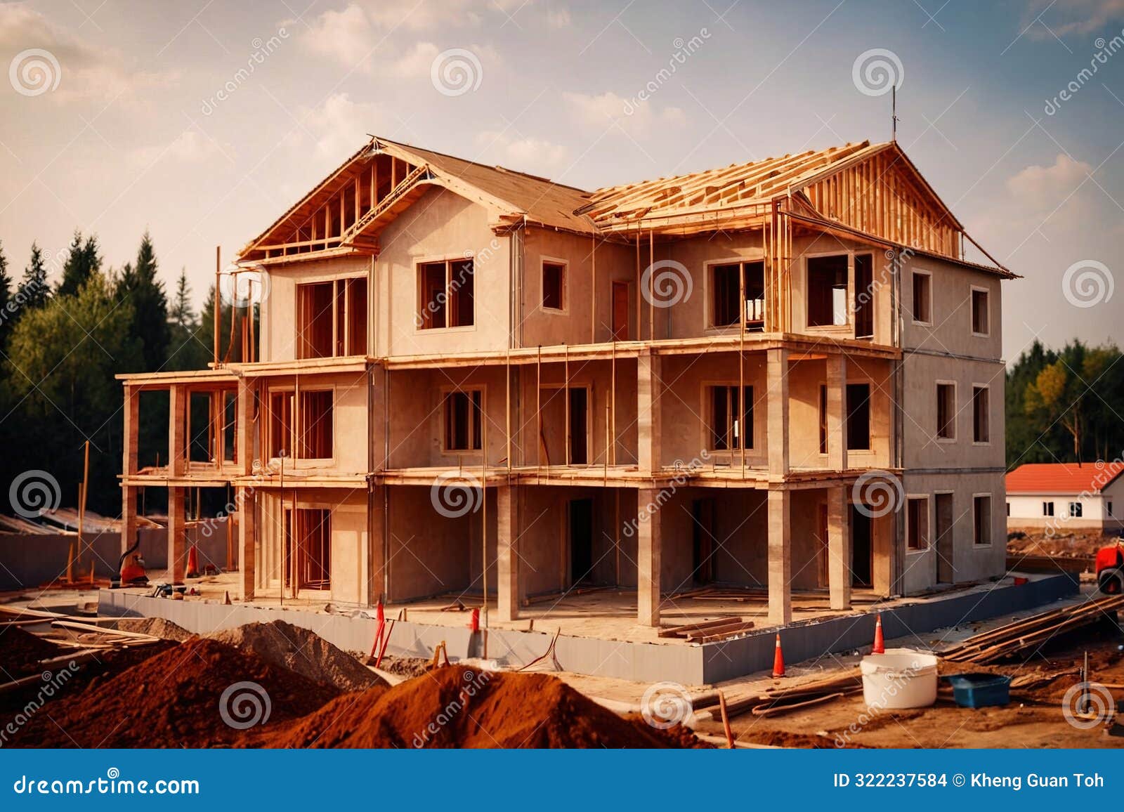 Construction of New Residential House, Building Framework Work Site ...