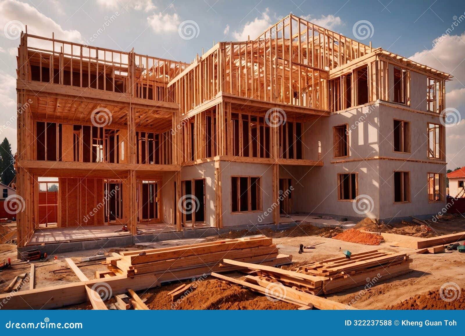 Construction of New Residential House, Building Framework Work Site ...