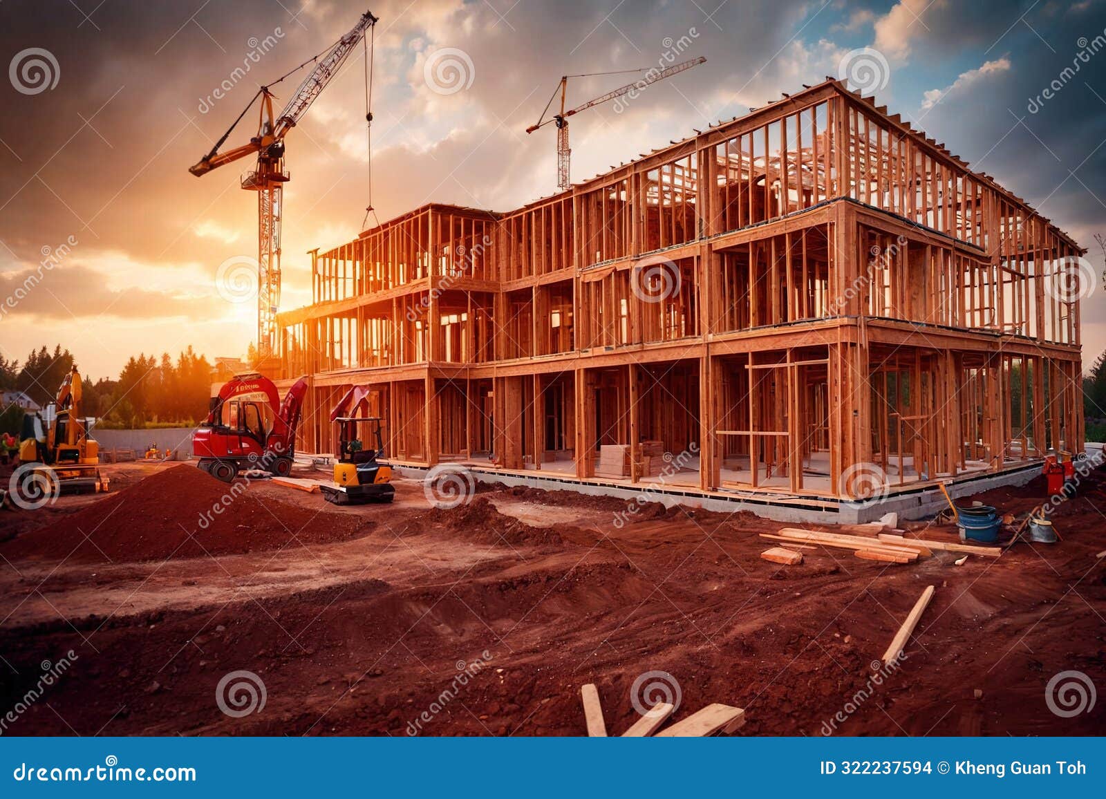 Construction of New Residential House, Building Framework Work Site ...