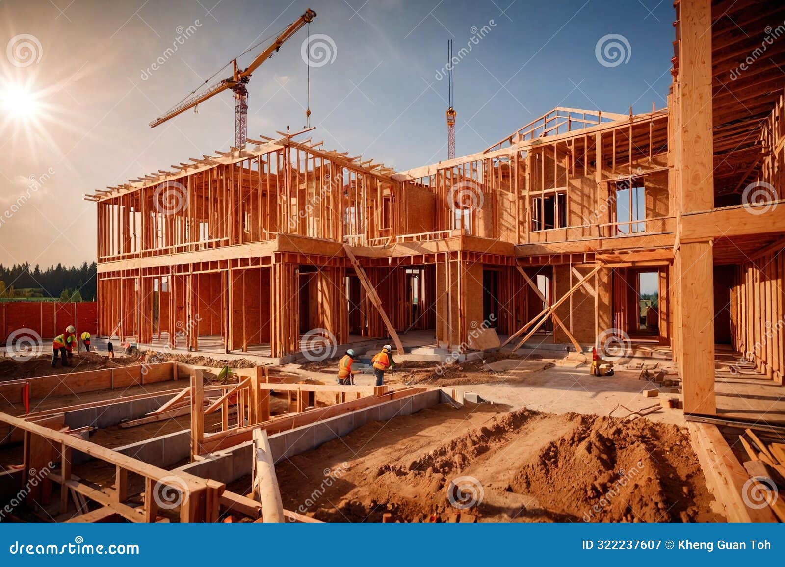 Construction of New Residential House, Building Framework Work Site ...