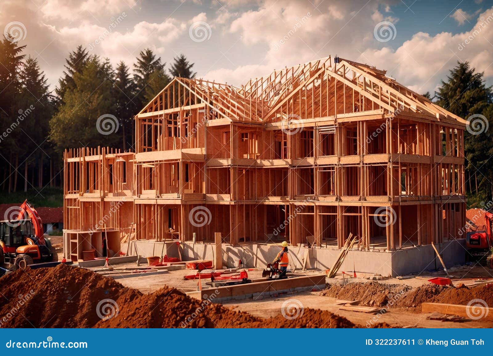 Construction of New Residential House, Building Framework Work Site ...