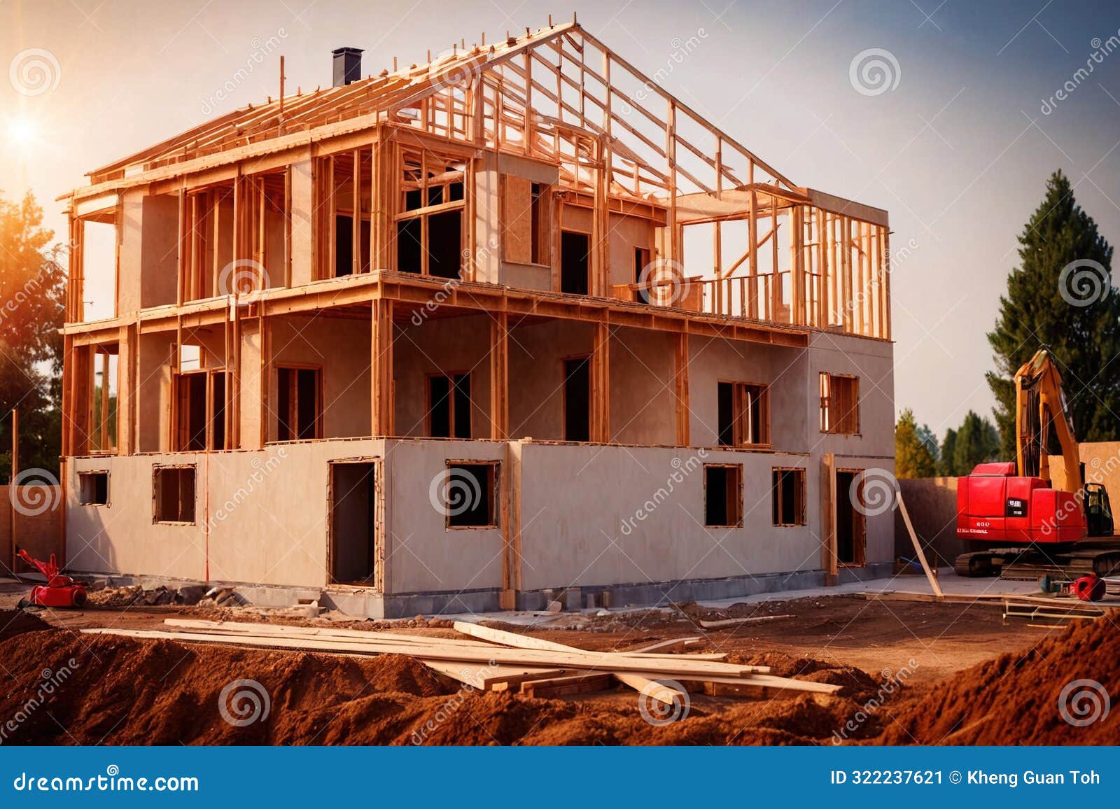 Construction of New Residential House, Building Framework Work Site ...